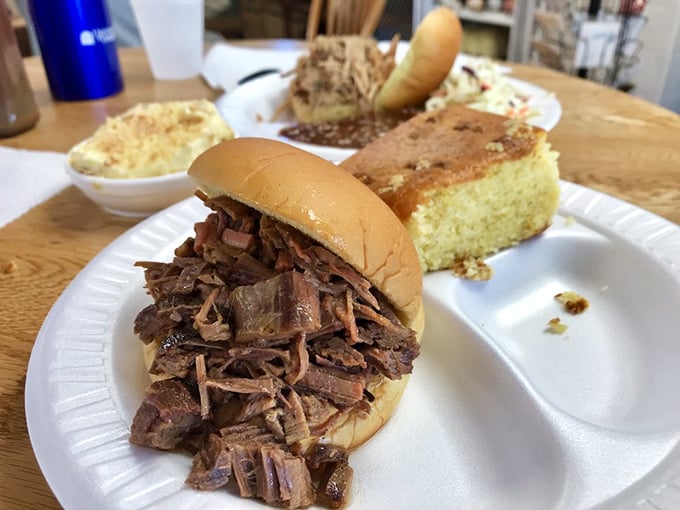 Brisket that doesn't need to show off—it just delivers. Paired with cornbread that's clearly not from a box, this is BBQ honesty on a plate.