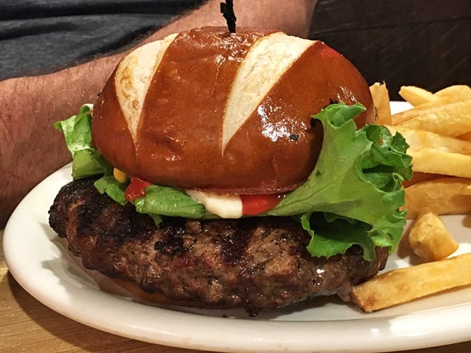 A burger that doesn't need gimmicks – just a pretzel bun, fresh toppings, and beef that actually tastes like beef. Revolutionary concept, isn't it?