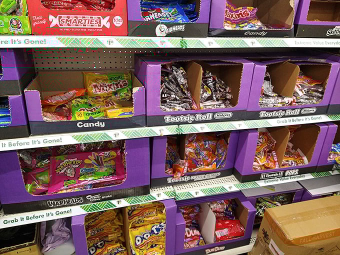 Candy paradise where childhood memories come boxed in purple. Tootsie Rolls and Warheads—the United Nations of sweet treats. 