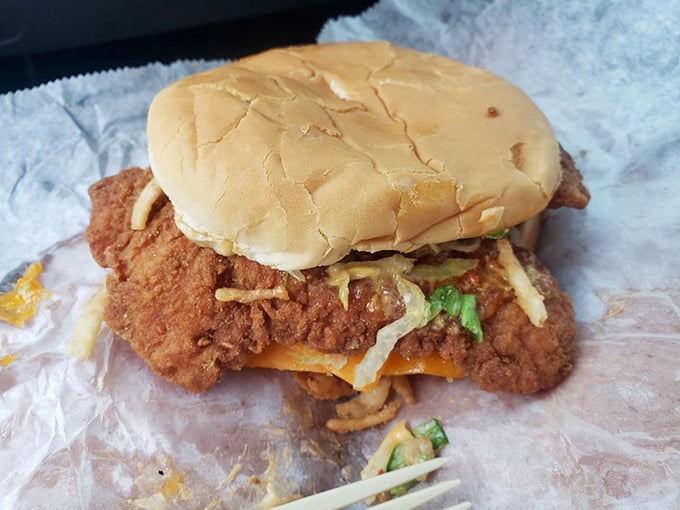 Fried chicken sandwich perfection – where crispy coating meets soft bun in a relationship so harmonious it deserves its own love song.