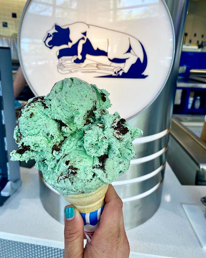 That mint chocolate chip cone posing proudly before the Nittany Lion logo—school spirit you can actually taste.