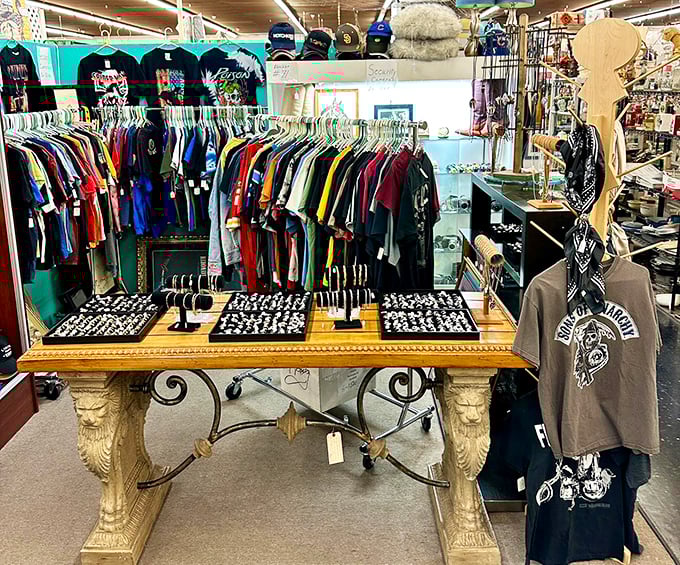 Vintage fashion that puts modern fast fashion to shame. That ornate table could tell stories about every item it's ever displayed.