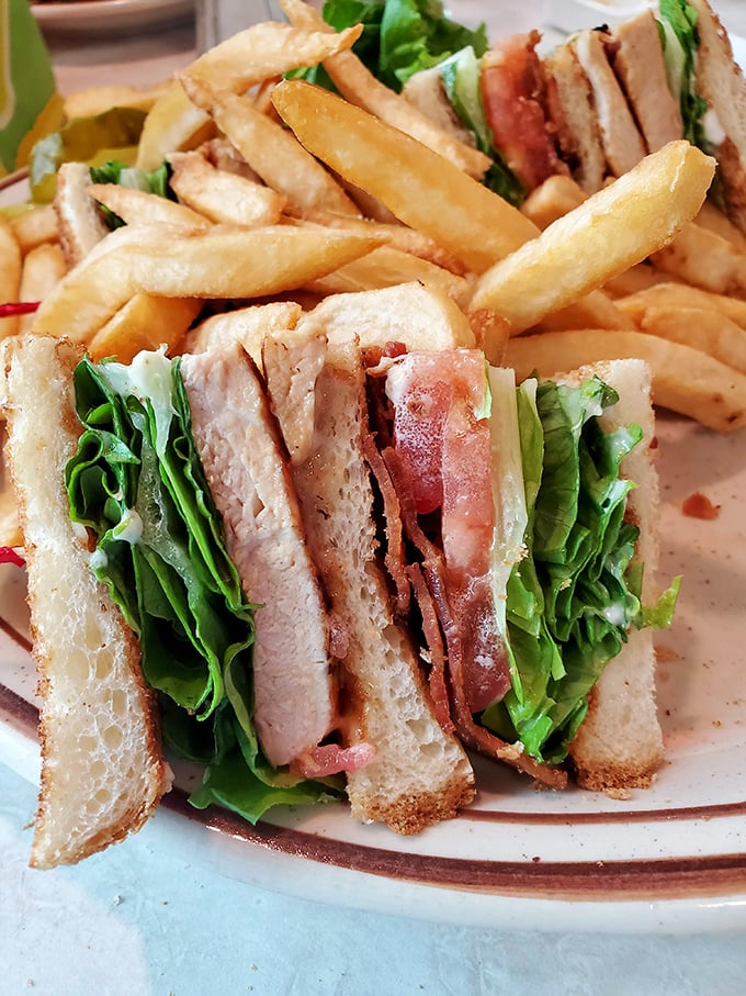 The club sandwich—a skyscraper of flavor requiring structural engineering skills to eat. Those crisp fries aren't sidekicks; they're co-stars in this lunch drama.