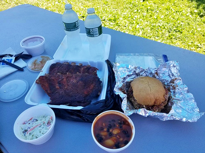 The barbecue spread that launched a thousand road trips—ribs, sandwich, beans, and slaw creating the perfect picnic tableau.