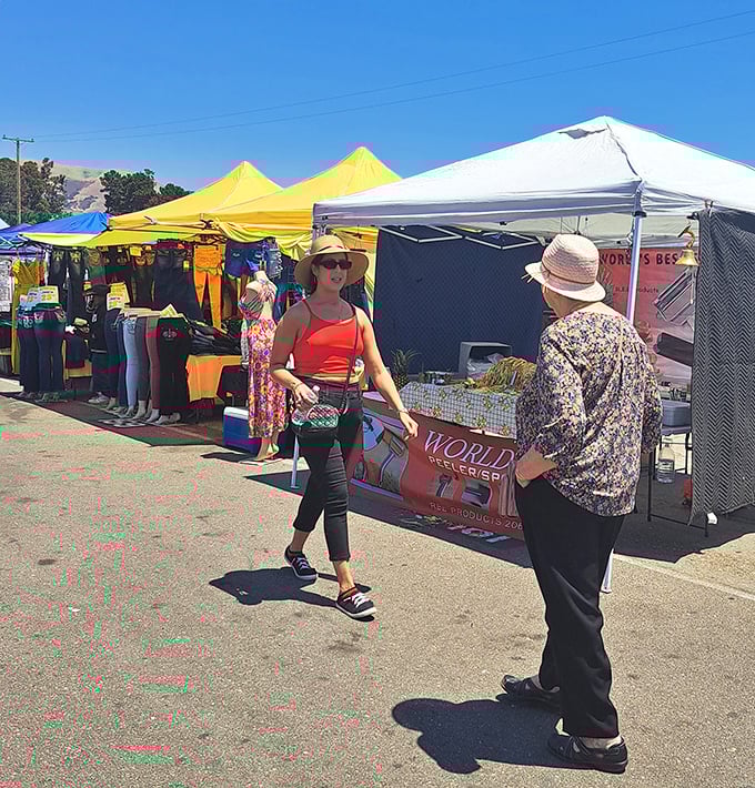 Shoppers navigate the market's offerings under perfect California skies – the human version of bees finding flowers in a garden.