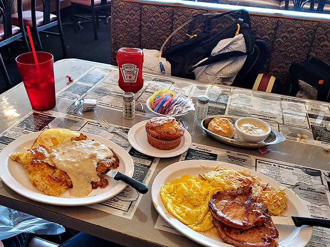 A table that tells the whole story: hearty portions, comfort classics, and enough food to fuel your Eastern Sierra adventures or justify that afternoon nap.