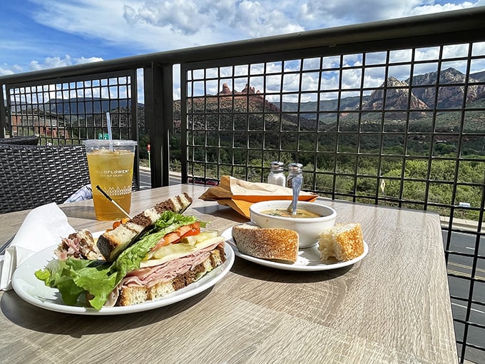 Dining with a view that makes you question why you'd ever eat indoors again. That sandwich tastes 30% better with red rock formations as your backdrop.