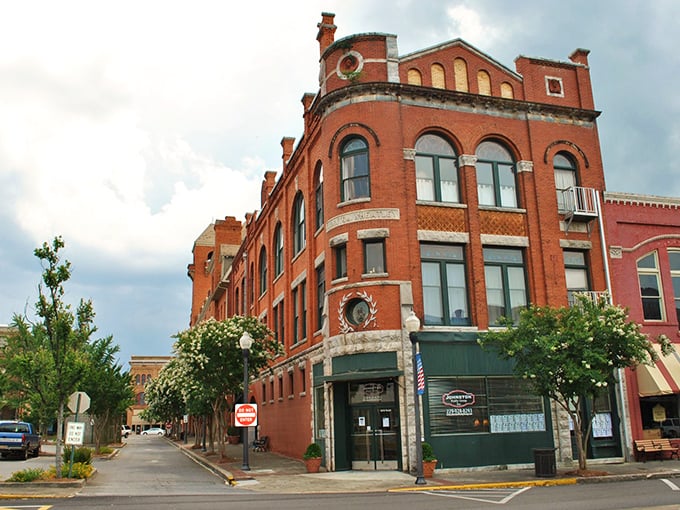 Red brick buildings with character to spare – downtown Americus showcases preservation done right. That corner building is architectural eye candy!