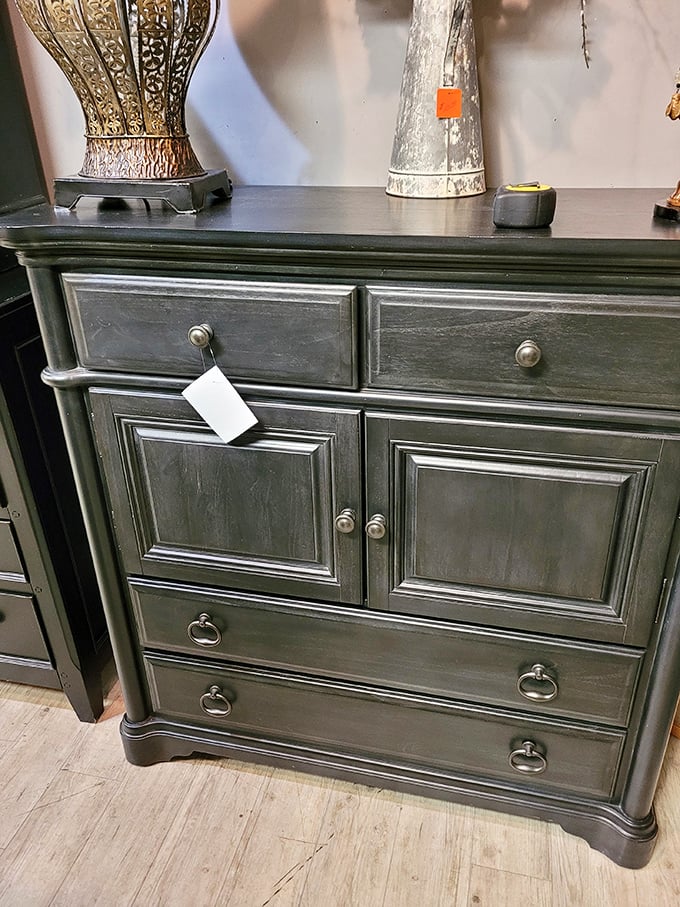 This distinguished gray dresser isn't just furniture; it's the sophisticated adult version of finding the perfect puzzle piece for your home.