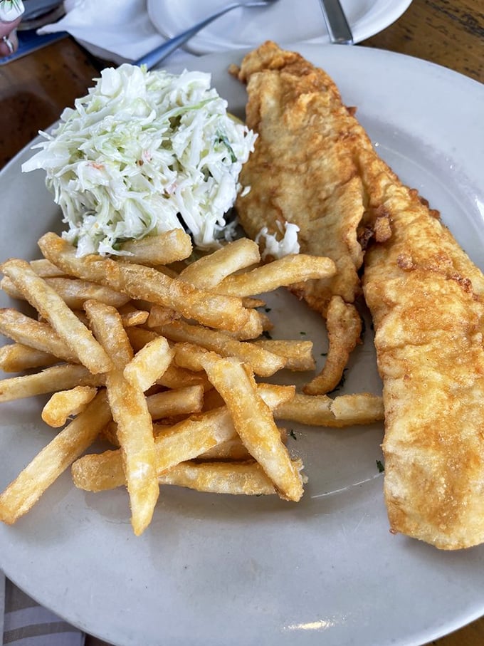 Fish and chips done right – a golden-battered fish fillet that breaks apart with the gentlest fork pressure, alongside crispy fries and classic coleslaw.