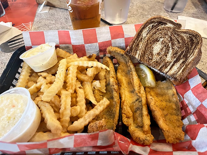 The legendary fish fry arrives with golden perfection, crispy fries, and that essential slice of marble rye – a Wisconsin Friday tradition worth celebrating.