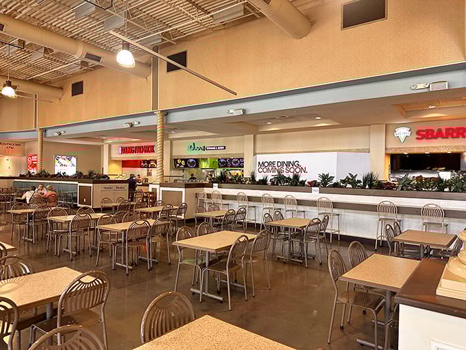 The food court: where shopping warriors refuel before heading back into retail battle. Choose your sustenance wisely.