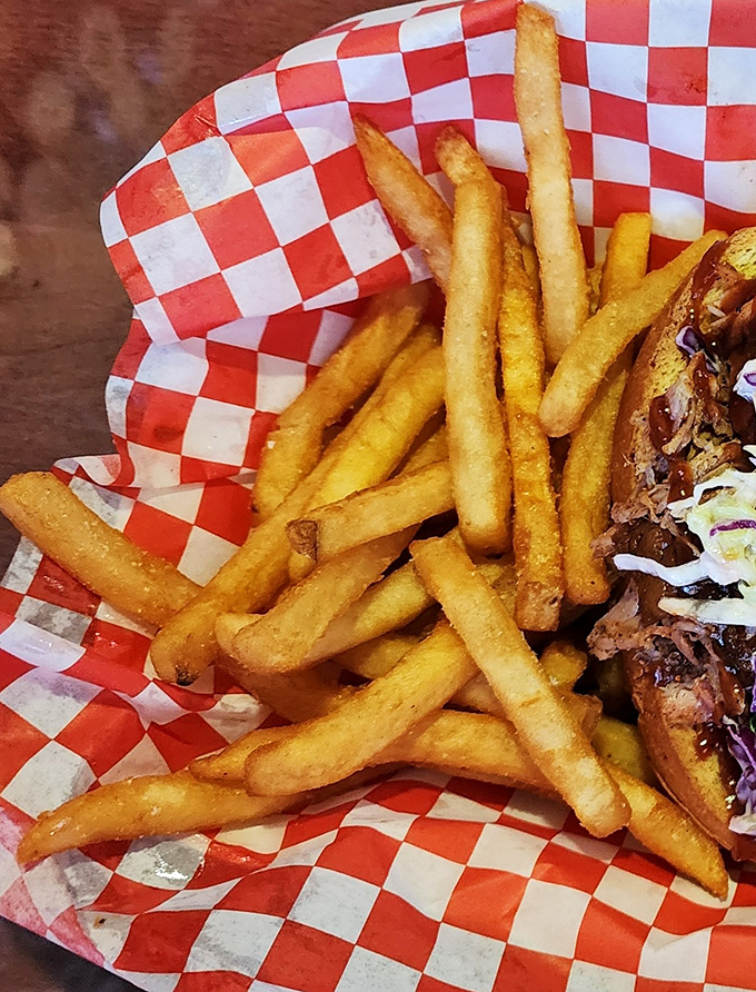 French fries served in checkered paper – simple, crisp, and perfect. In a world of truffle oil and fancy aioli, sometimes the classics just hit different.