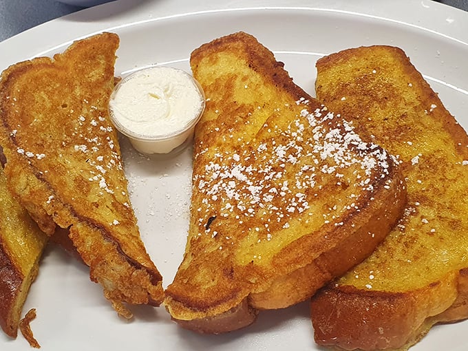 French toast that's achieved the golden ratio of crispy exterior and custardy interior—the breakfast equivalent of hitting the lottery on your first try.