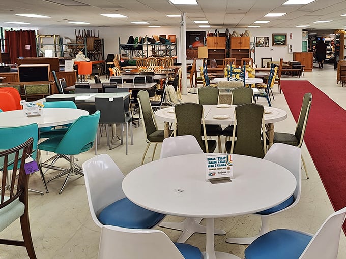 A sea of mid-century dining sets that would make "Mad Men" set designers weep with joy. Each chair has stories to tell.