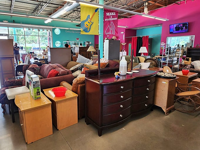 Furniture arranged like a living room in your coolest friend's house—the one who somehow makes "eclectic" look intentional rather than accidental.