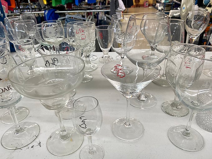 Crystal stemware with handwritten price tags—because your Two-Buck Chuck deserves to feel fancy sometimes.