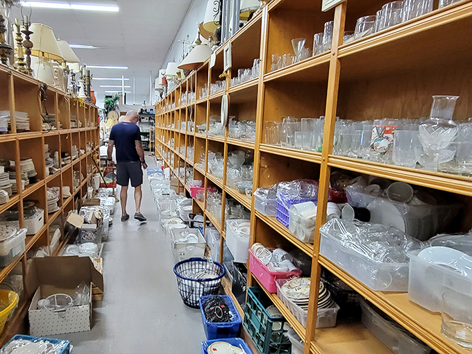 The glassware aisle stretches into infinity, a crystal-clear opportunity to find that perfect missing piece for your collection.