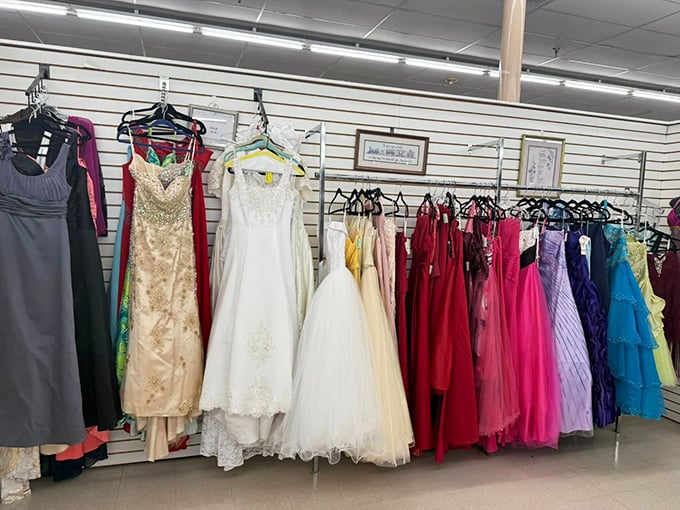 The formal wear section—where wedding dresses and prom gowns get their second chance at making magical memories without the original price tag.