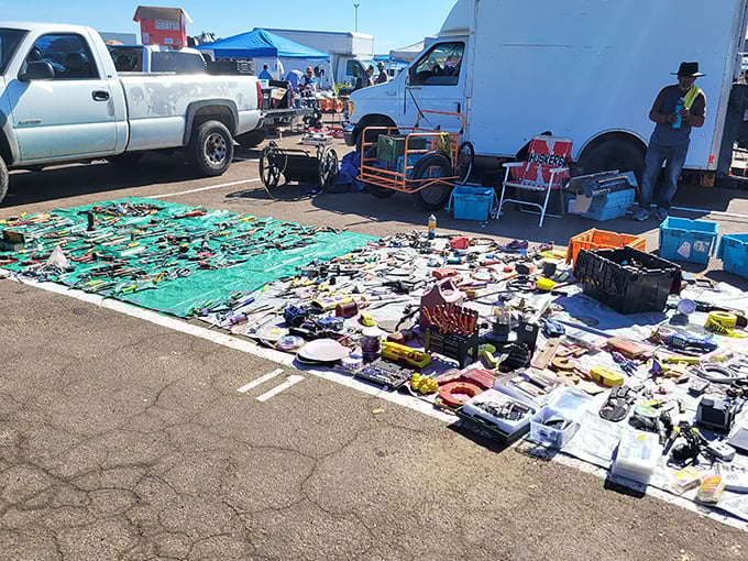 Tools of every trade spread across tarps like mechanical confetti – the perfect hunting ground for DIYers and professional tinkerers alike.