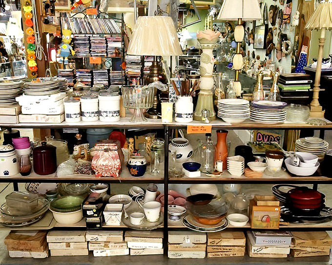 The kitchen time capsule section, where every casserole dish, lamp, and knickknack looks suspiciously like something your aunt had in 1978—and you secretly coveted.