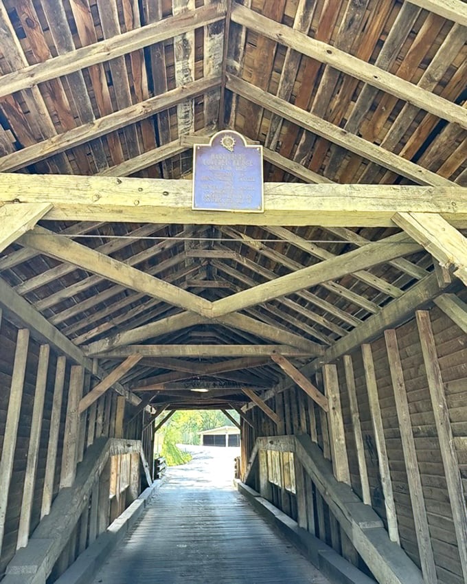 Look up and marvel at the geometric precision. These hand-hewn beams have held their ground since Ulysses S. Grant was president—talk about job security! 