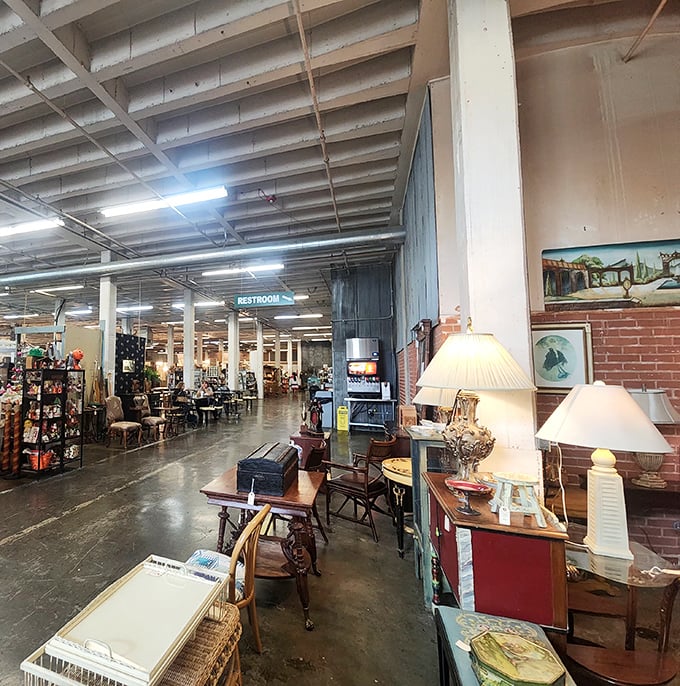 Industrial bones meet treasure hunter's paradise—the mill's original columns now stand guard over collections of yesterday's prized possessions.