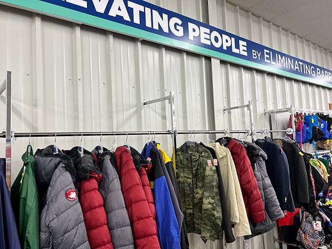 Winter coat shopping that won't freeze your bank account—beneath a mission statement that reminds you every purchase serves a purpose.