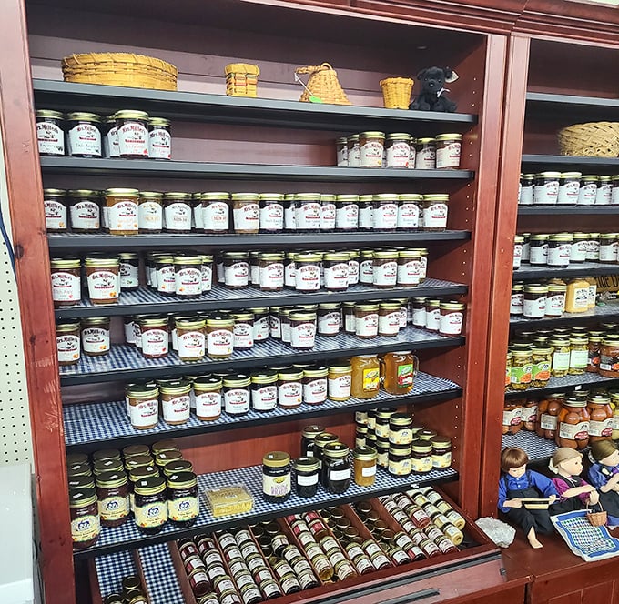 Mason jar paradise where preserves meet presentation. This meticulously organized display would make any pantry perfectionist weak in the knees.