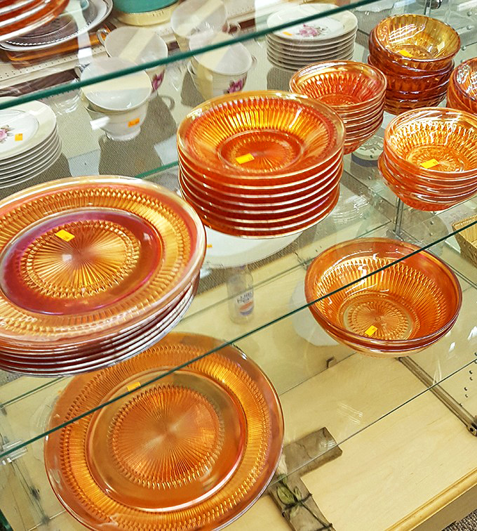 Those amber dishes catch the light like they're auditioning for a role in your grandmother's china cabinet.