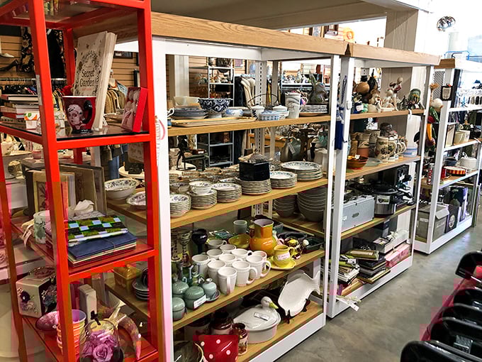 Kitchen dreams materialize: Each shelf offers the promise of that perfect serving platter you never knew you desperately needed until this very moment.