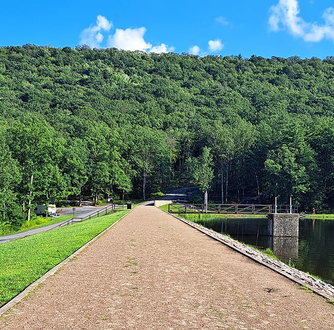 The path less traveled. This lakeside walkway invites visitors to stroll alongside Poe Lake without getting their feet wet.