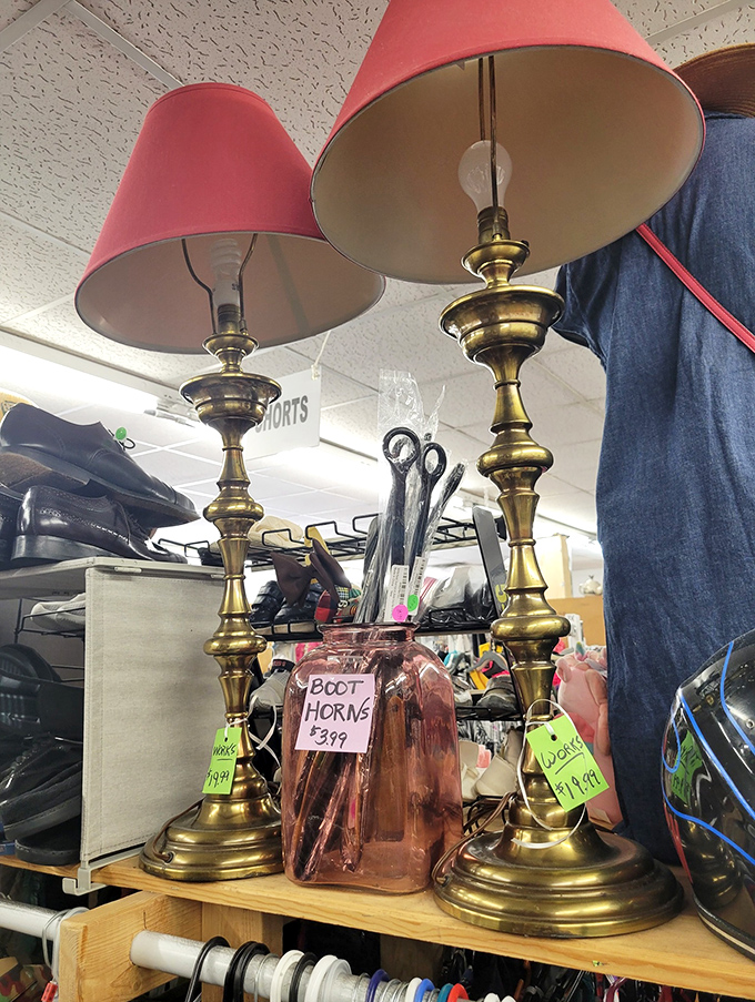 These vintage brass lamps aren't just lighting fixtures—they're conversation pieces. "Boot Horns" sign included for those who need illumination and footwear assistance.