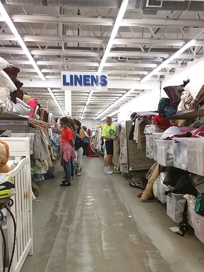 The linens aisle: where sheet sets separated decades ago might finally reunite, and tablecloths find new tables to dress.