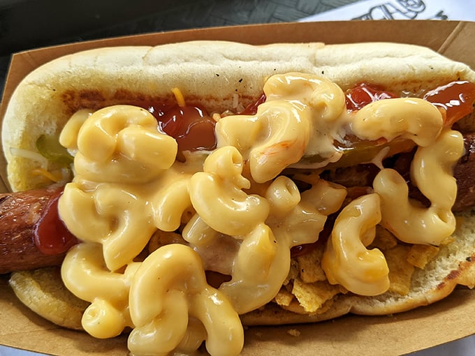 Mac and cheese on a hot dog? It's not excess—it's excellence. Comfort food having a love affair with more comfort food.
