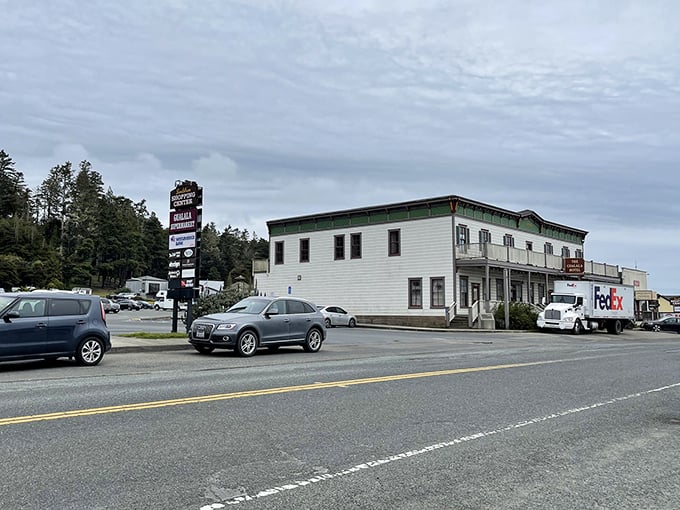 Main Street, Gualala – where rush hour means three cars might arrive at the stop sign simultaneously.