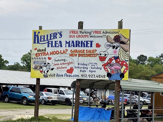 The roadside sign promises exactly what awaits inside: a little extra moolah for sellers and unexpected treasures for everyone else.