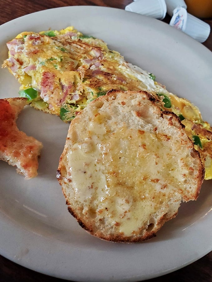 An omelette that knows its purpose in life—to deliver maximum flavor with minimum pretension. The toast is just showing off. 