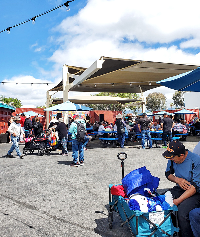 Where food court meets cultural crossroads—picnic tables under the California sun offer the perfect stage for the market's international culinary performances.