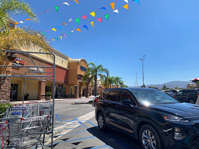 California sunshine bathes the shopping center while colorful pennants flutter overhead—even the parking lot feels like a fiesta.