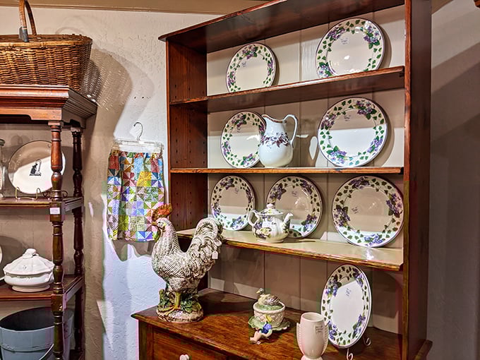 This isn't just dishware—it's Sunday dinners and holiday gatherings immortalized in porcelain, with that ceramic rooster standing guard over memories.