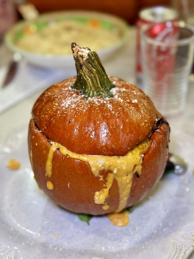 A stuffed pumpkin gnocchi that looks like autumn decided to dress up for a fancy night out on the town.