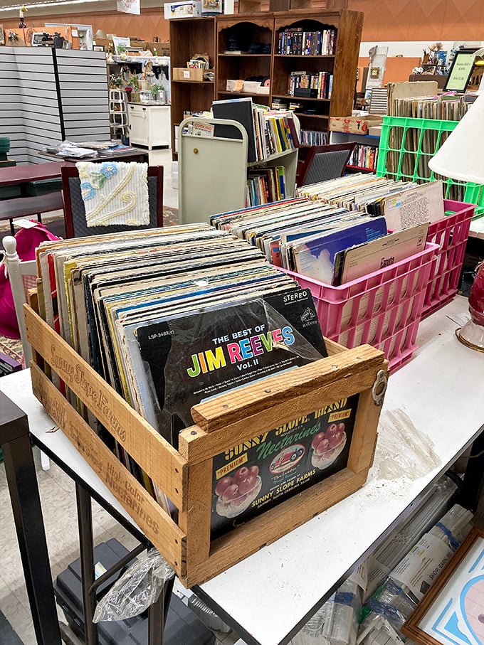 Vinyl heaven awaits in wooden fruit crates—where else can you find Jim Reeves and forgotten gems waiting to spin tales of yesteryear?