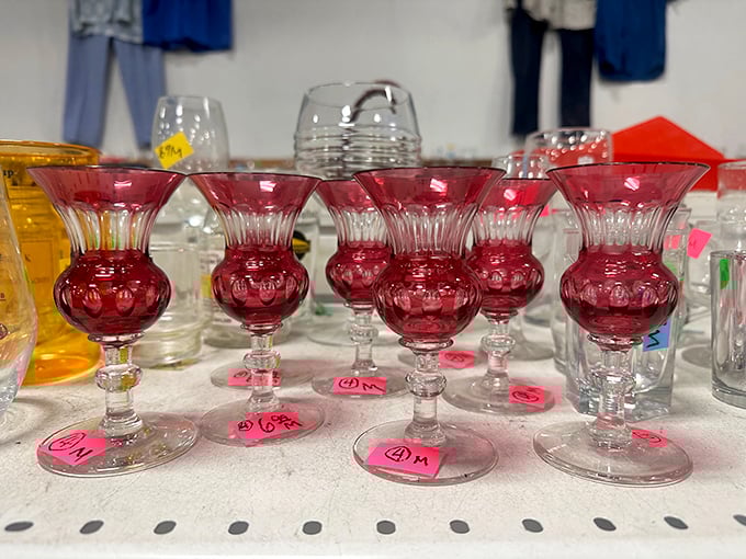 Ruby red goblets await your next dinner party, ready to elevate boxed wine to an experience worthy of Downtown Abbey.