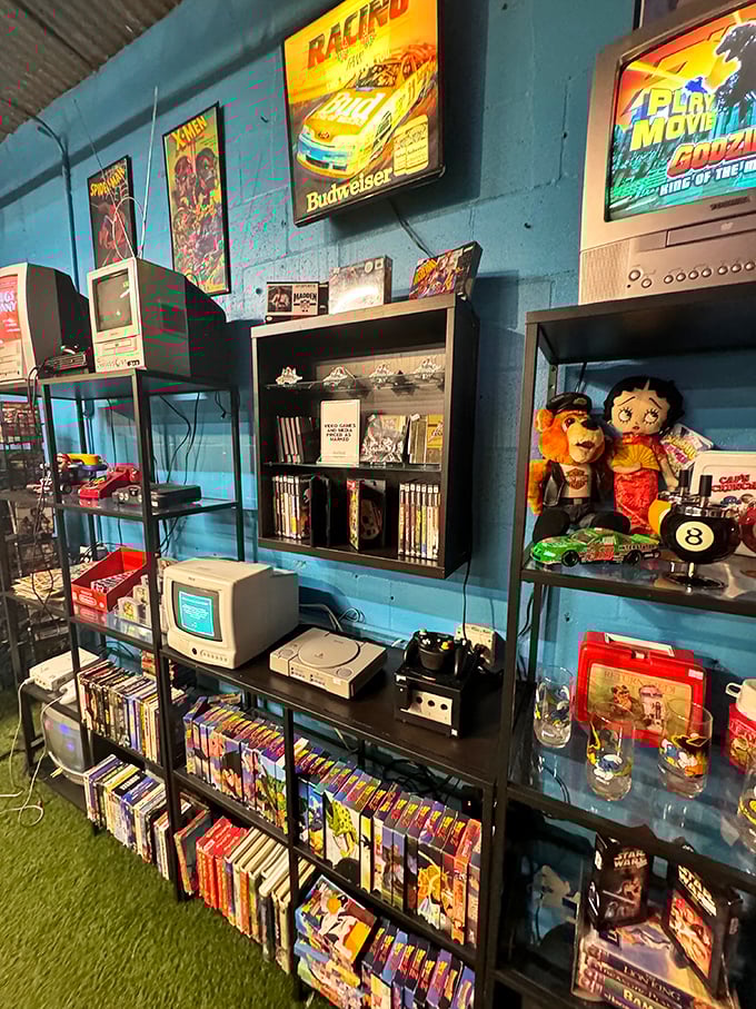 Vintage video games and Betty Boop sharing shelf space – because nostalgia doesn't discriminate by decade.