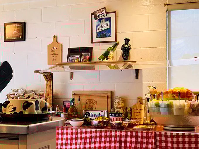 The salad bar setup: where vegetables go to fulfill their destiny. Simple, fresh ingredients waiting to complement the main event.