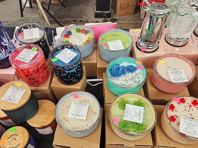 Handcrafted candles in every color of the rainbow. These aren't just wax and wicks—they're future cozy evenings waiting to happen.