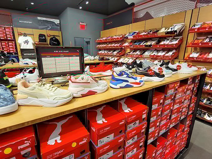 A sneaker enthusiast's dream landscape – Puma's display showcases footwear that promises to make you run faster toward more deals or away from credit card bills.