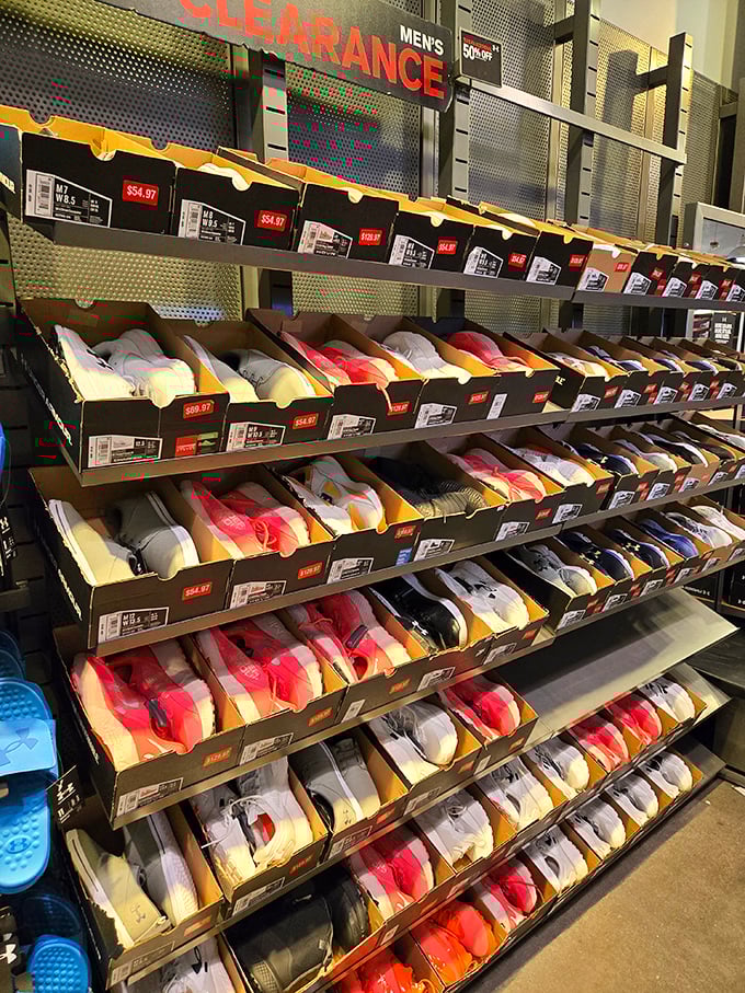 A rainbow of discounted footwear that transforms the phrase "I'm just browsing" into "I'll take these in every color." 