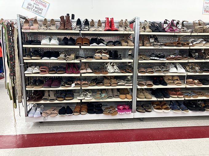 The shoe section offers footwear fantasies at fraction prices—from barely-worn sneakers to vintage boots with stories to tell.